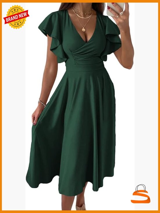 Dresses | V Neck Ruffle Cap Sleeve Midi Swing Dress Fit And Flare A ...
